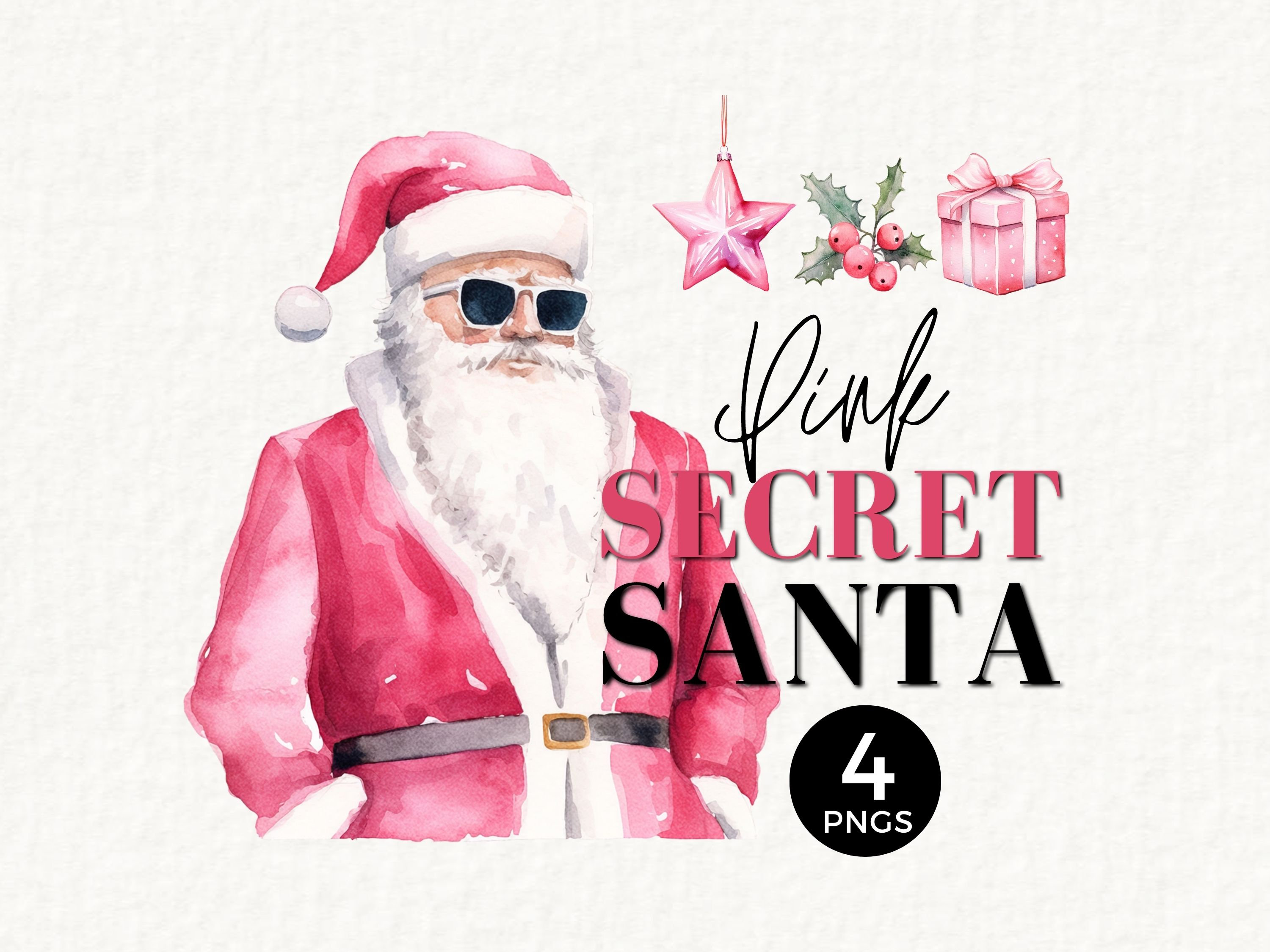 Pink Santa Claus Clipart, Secret Santa Bundle, 4 Christmas PNG, Elegant ...