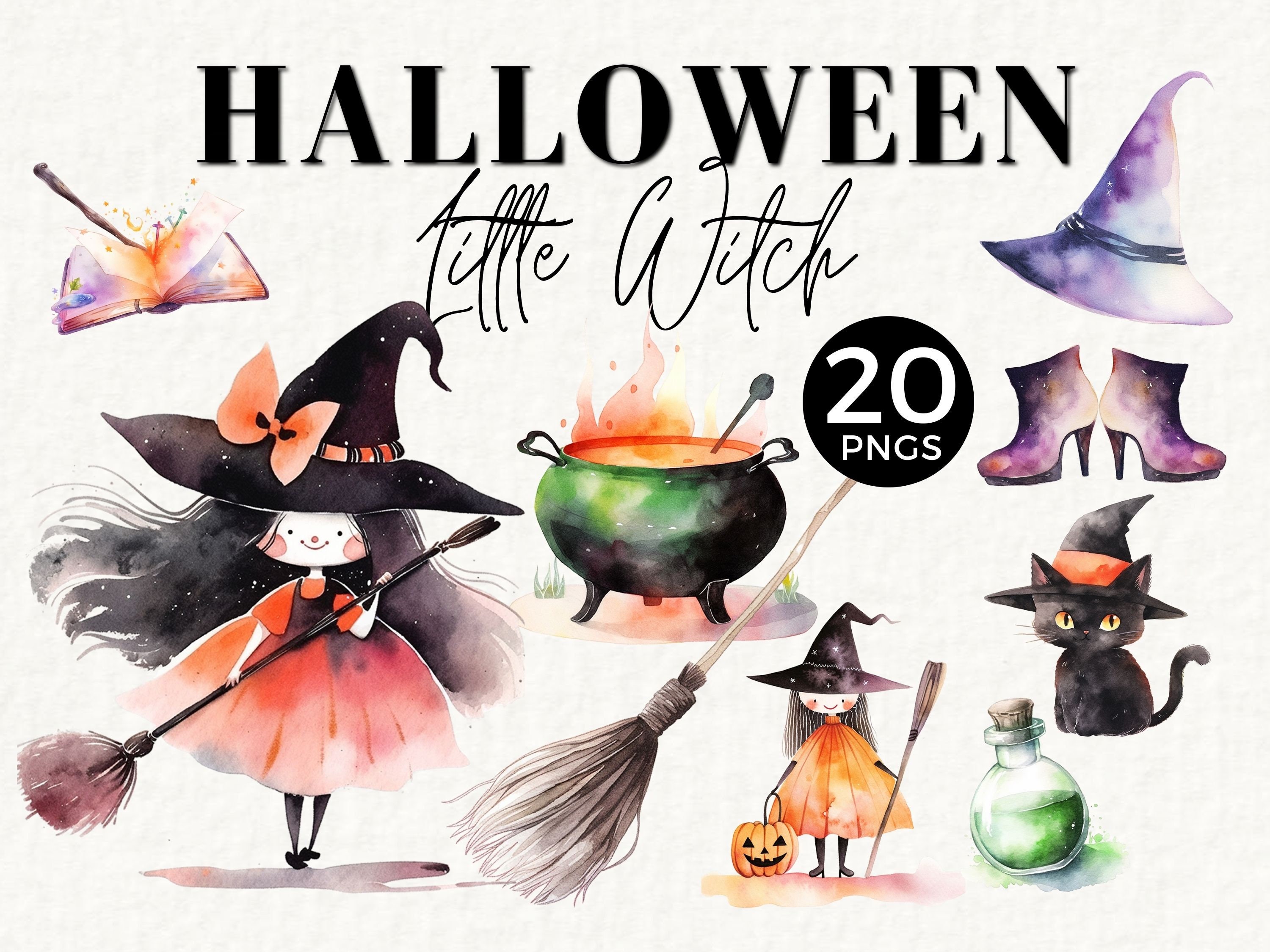 Little Witch Clipart, Cute Halloween Clipart Commercial Use, Black Cat ...
