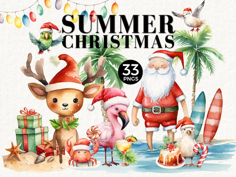 Beach Christmas Clipart, Summer, Tropical Xmas PNG, Flamingo Santa Hat ...