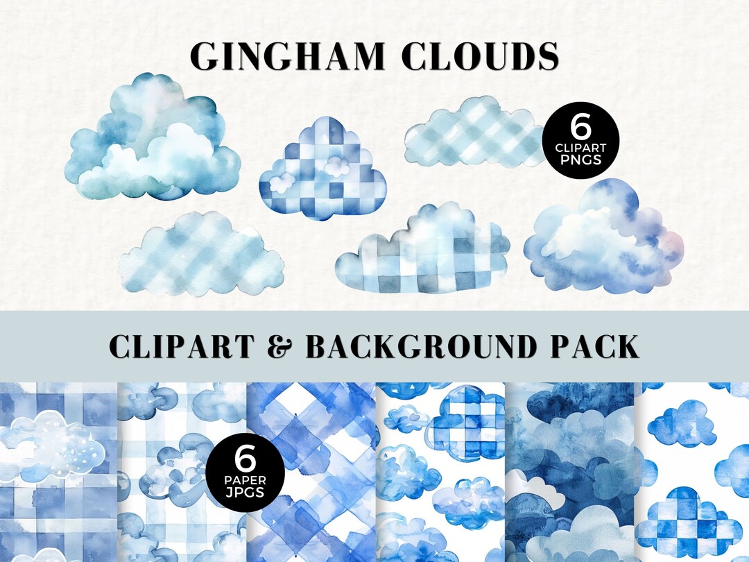 Blue Cloud 9 Baby Shower Clipart, Gingham DIGITAL Paper, Commercial Use ...