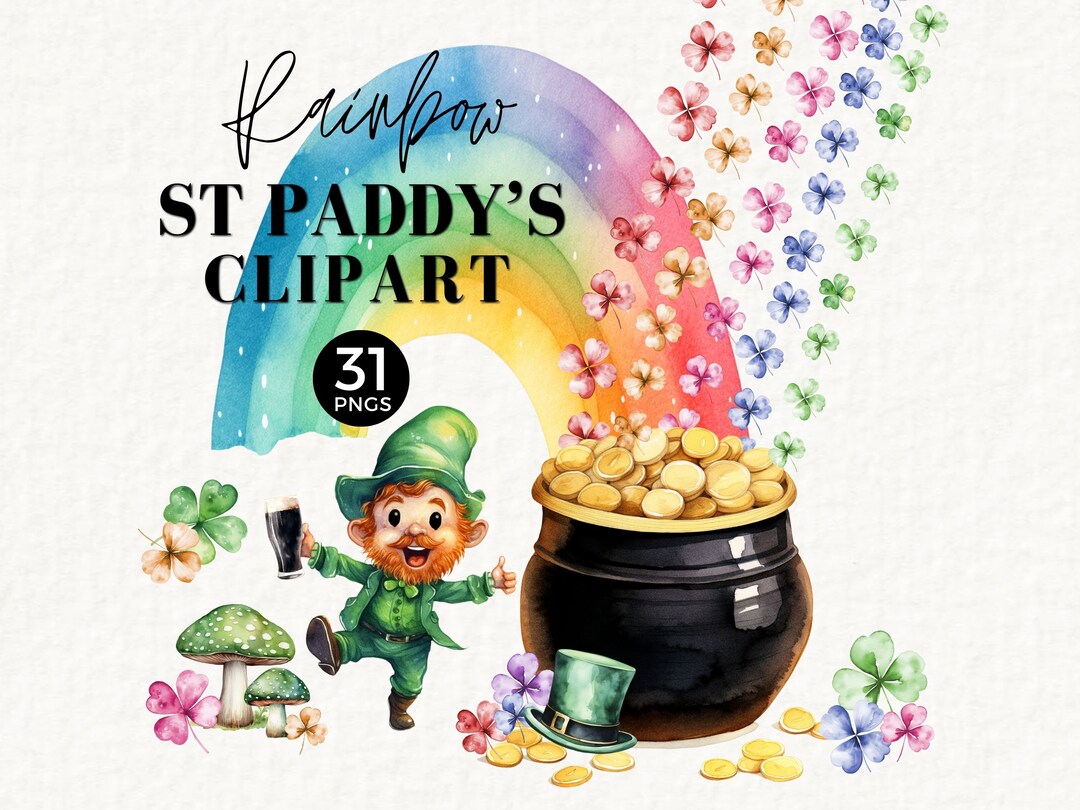 Rainbow St Patricks Day Clipart, Shamrock Four Leaf Clover, Pot of Gold ...