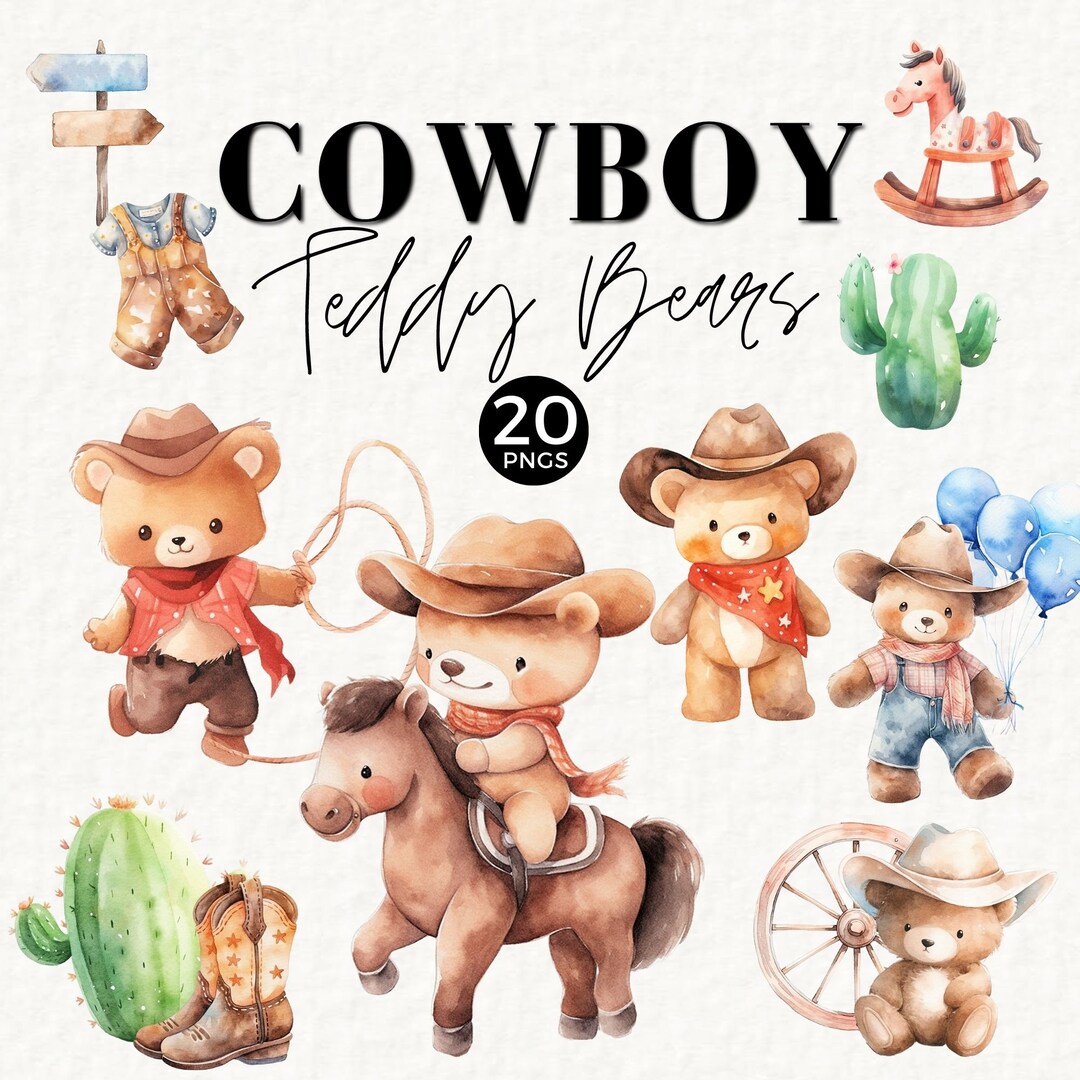 Cute Cowboy Clipart Teddy Bear Clipart, Baby Shower Decor, Watercolor ...