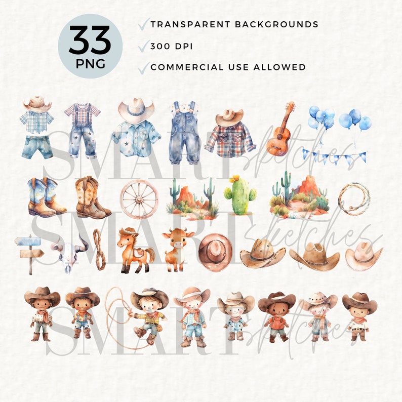 Cute Cowboy Clipart, Cowboy Boot PNG, Watercolor Western Graphics ...