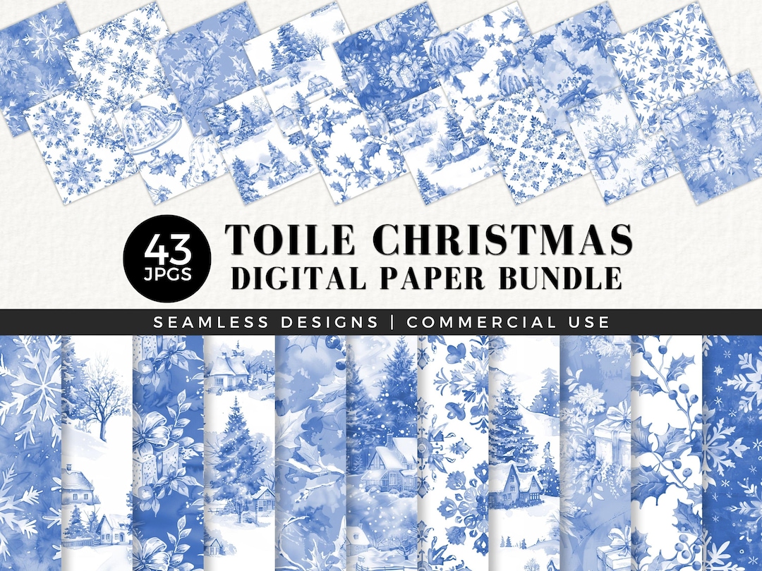 Christmas Toile Digital Paper, Blue Toile De Jouy Style Seamless ...