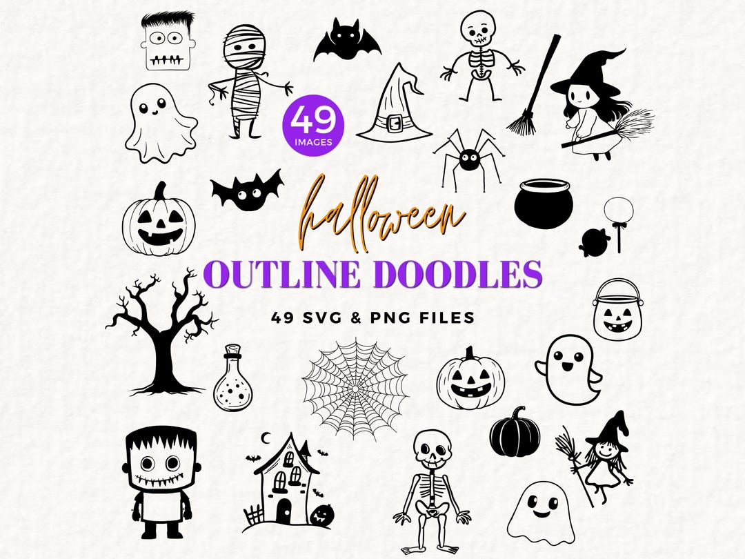 Halloween Doodles SVG Bundle, Includes PNG, Ghost Stamp Outline ...