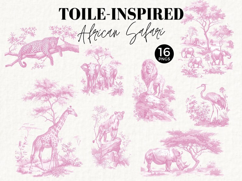 Pink Toile Clipart, Safari Scenes, Toile De Jouy PNG, Chinoiserie ...