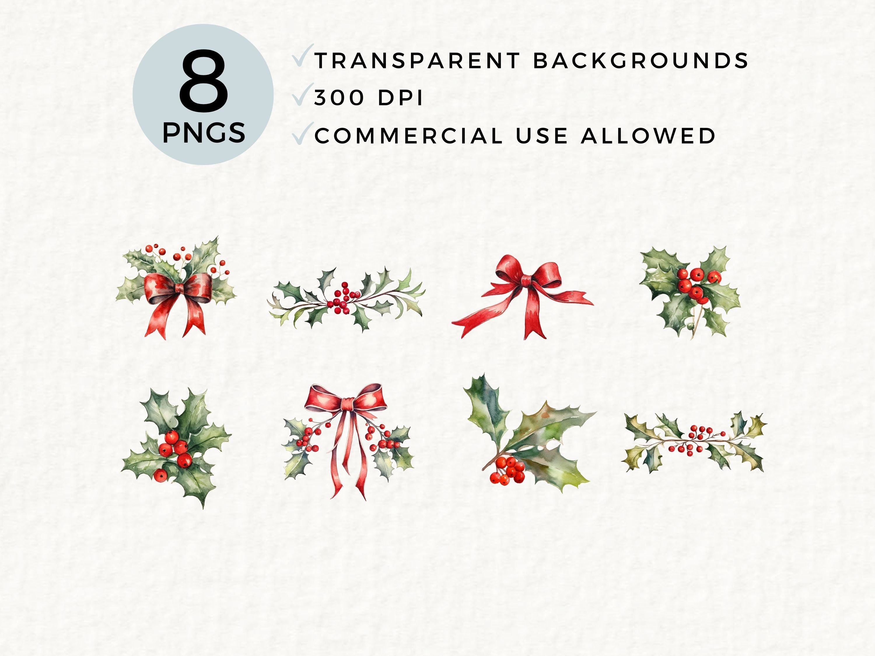 Holly Watercolor Christmas Clipart, Red Berry PNG, Elegant, Classic ...