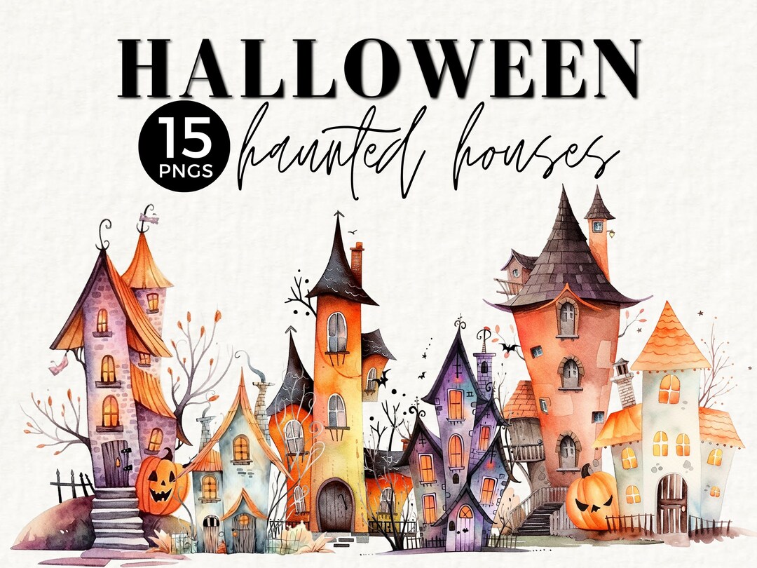 Spooky Halloween Haunted House Clipart, Watercolor, Commercial Use ...