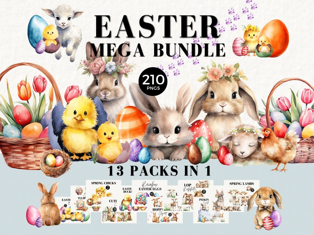 Easter Clipart Mega Bundle, Rabbit PNG, Carrot, Colorful Easter Eggs ...