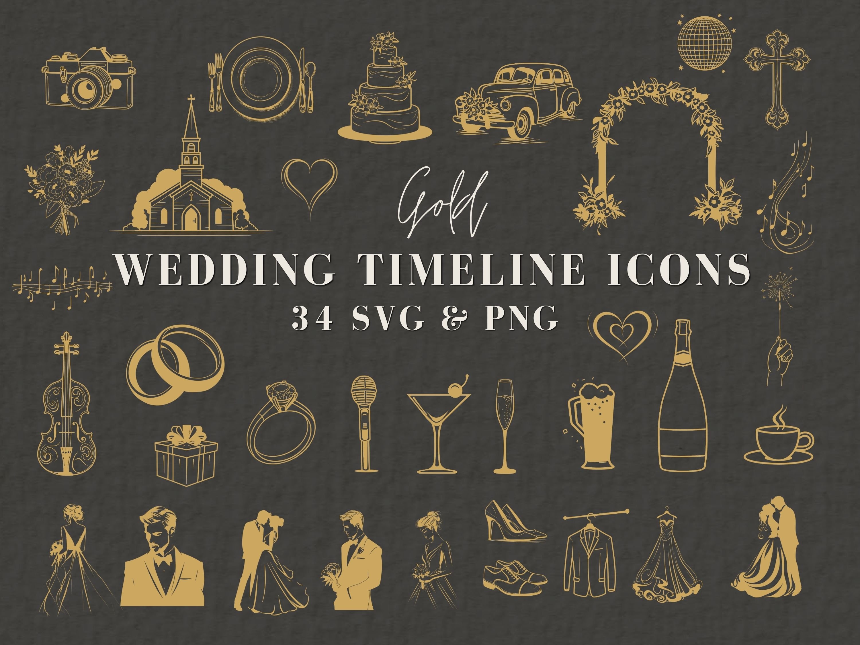 Wedding Timeline Icons, Gold, Marriage Icon Pack, Wedding Elements ...