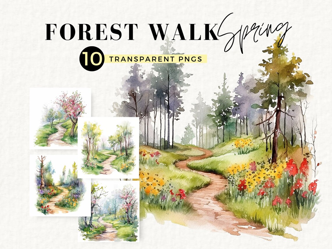 Forest Path Watercolor Clipart, Spring Landscape, 10 Transparent Pngs ...