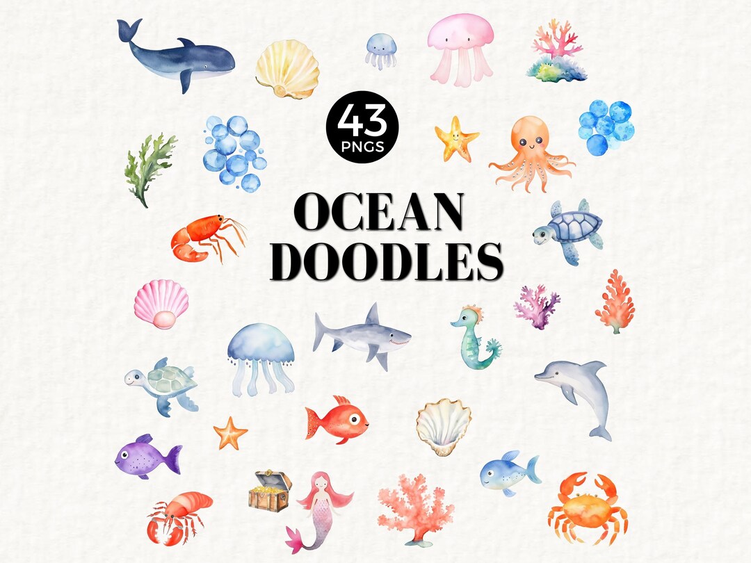 Sea Life Doodles Clipart, Under the Sea PNG, Cute Sea Shell, Watercolor ...