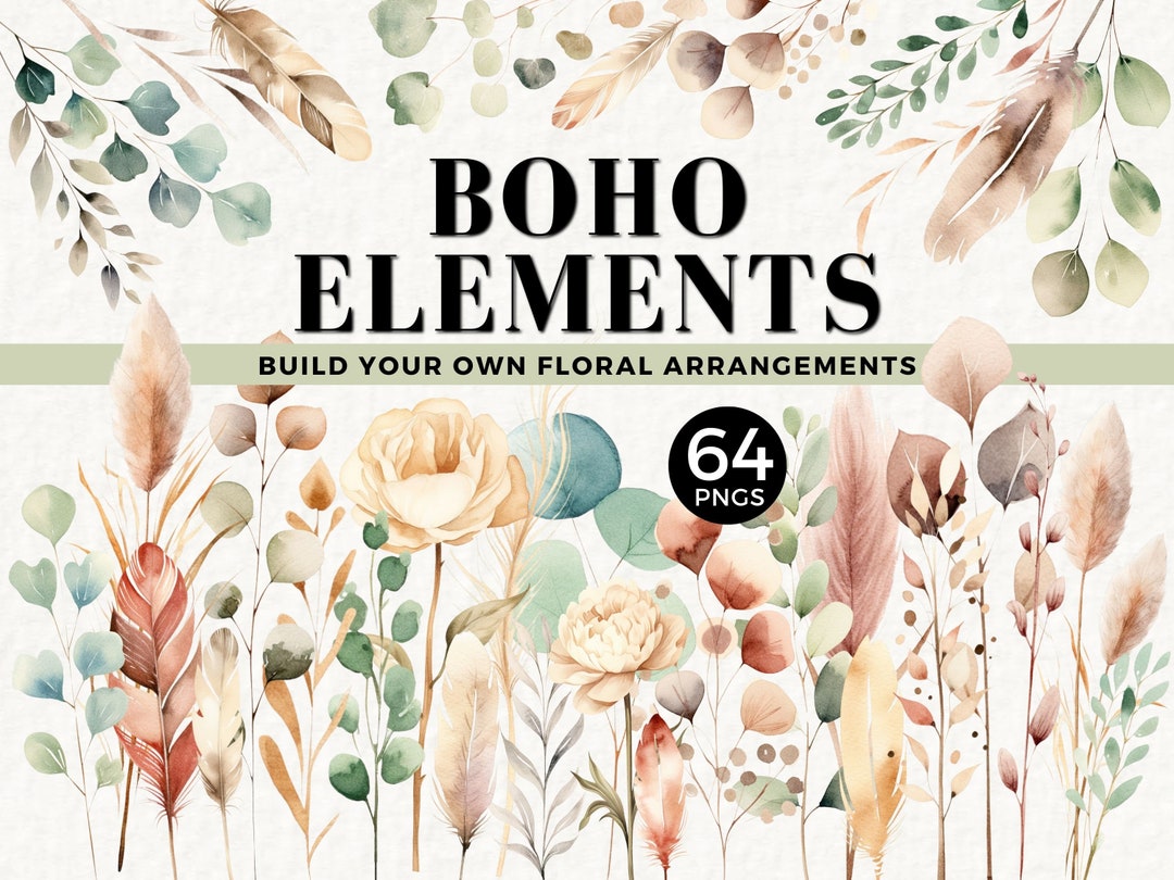 Boho Flowers Clipart Rustic Flower Elements, Feather, Pampas Grass ...