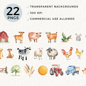 Water Color Farm Clipart, Cute Farmyard Scene, Tractor, Animal Doodle ...