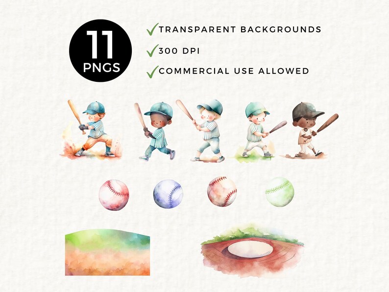 Baseball Watercolor Clipart, Kids Playing Baseball, Boys Baseball PNG ...