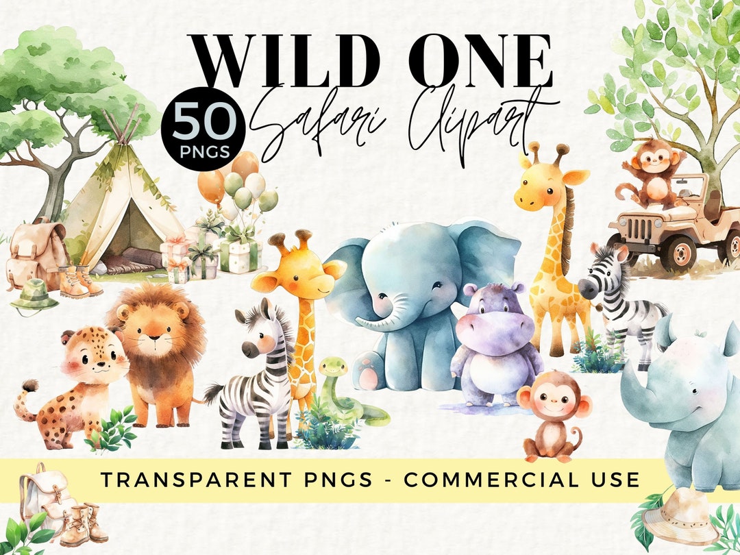 Watercolor Safari Animals Clipart, Wild One Transparent PNG, Commercial ...