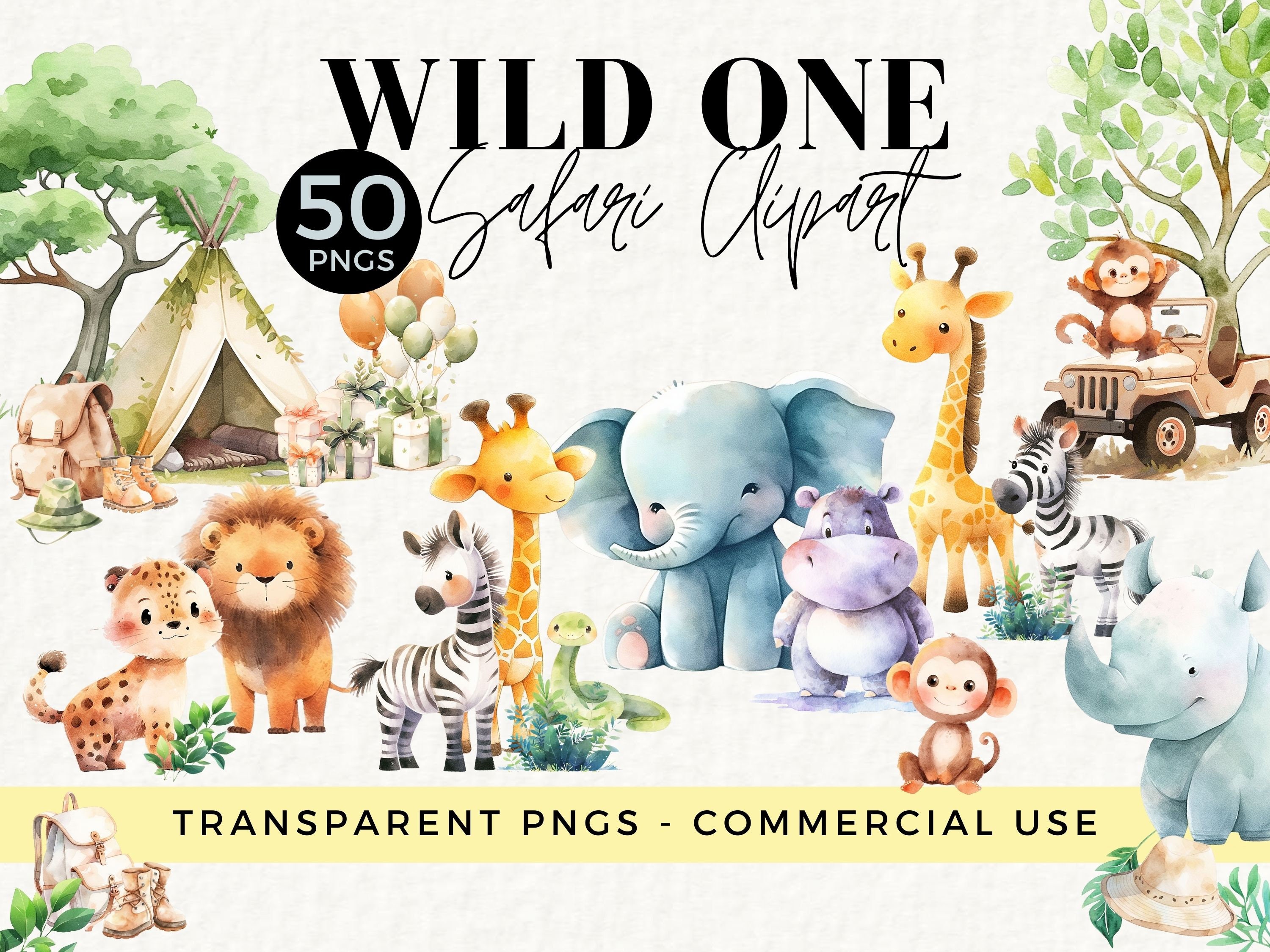 Watercolor Safari Animals Clipart Wild One Transparent PNG - Etsy