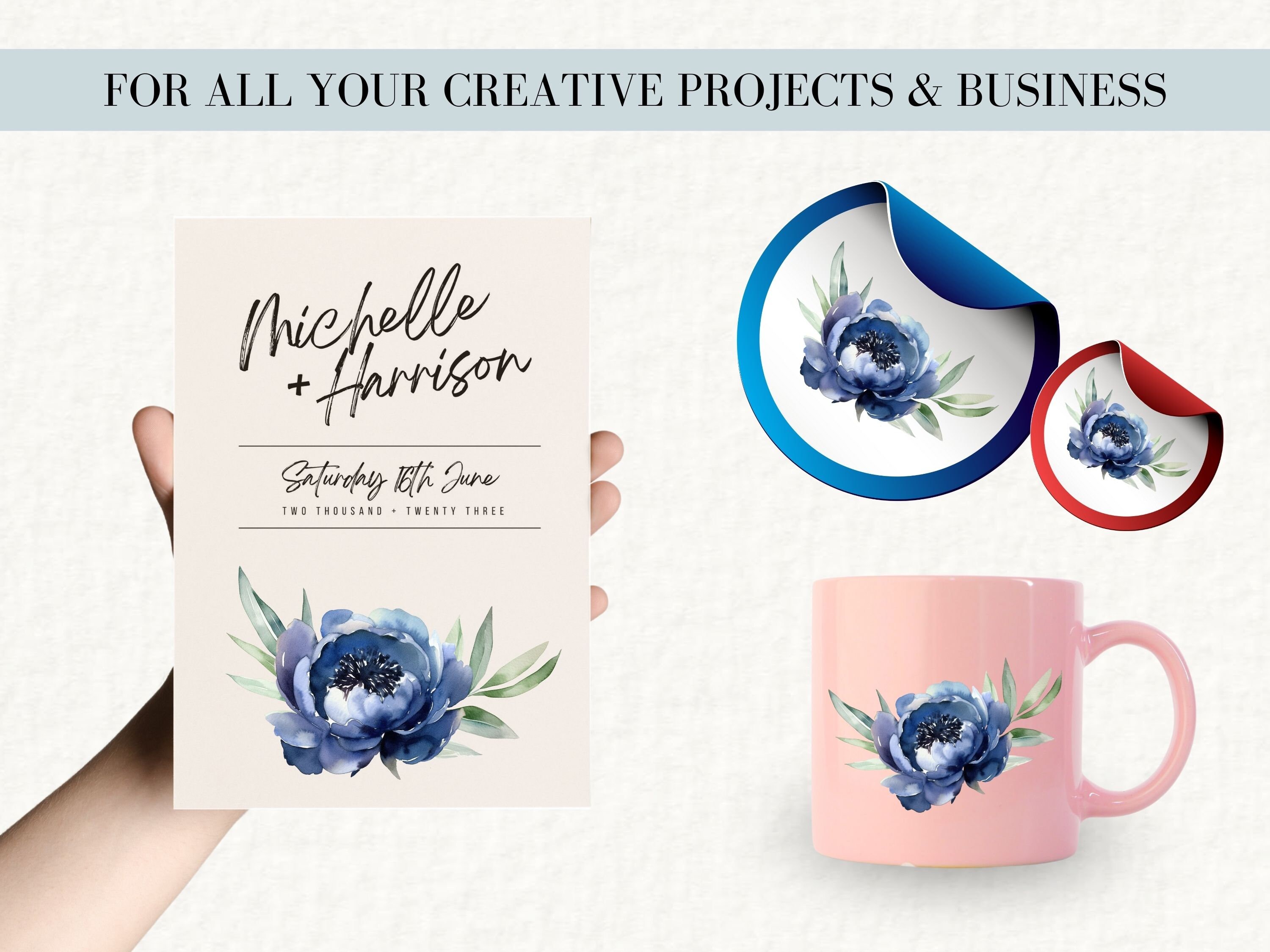 Peony Floral Border Set, Watercolor Flowers, Navy, Digital Clipart PNG ...