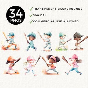 Baseball Watercolor Clipart Bundle, Kids Playing Baseball, Transparent ...