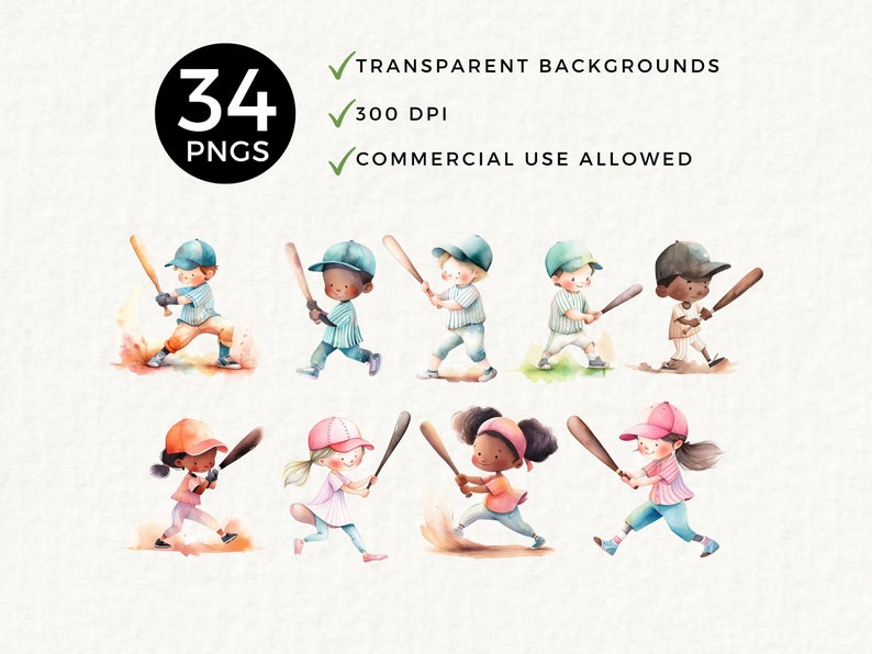 Baseball Watercolor Clipart Bundle, Kids Playing Baseball, Transparent ...