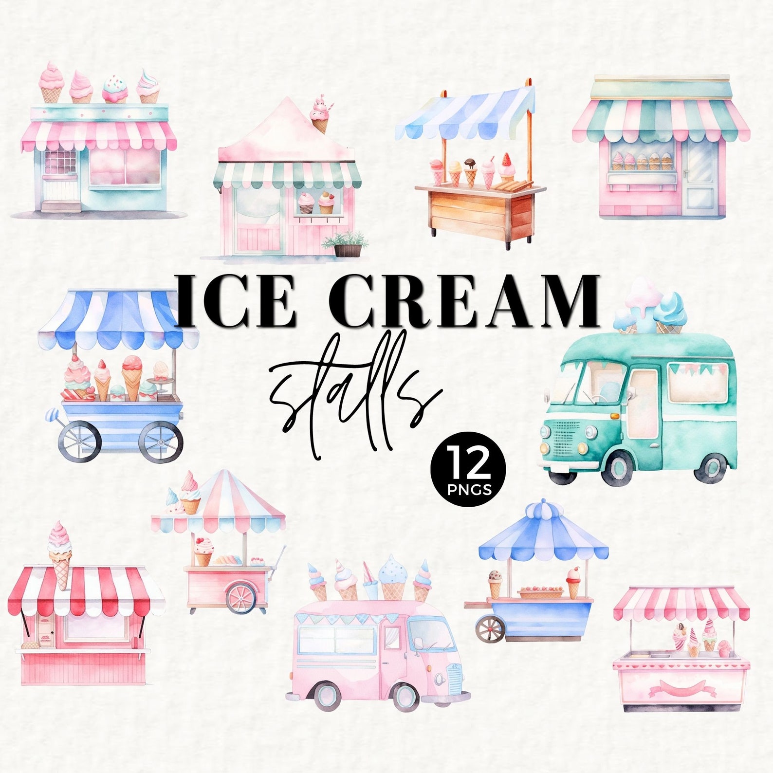 Cute Little Ice Cream Shop Clipart, Ice Cream Stand, Retro Clipart ...