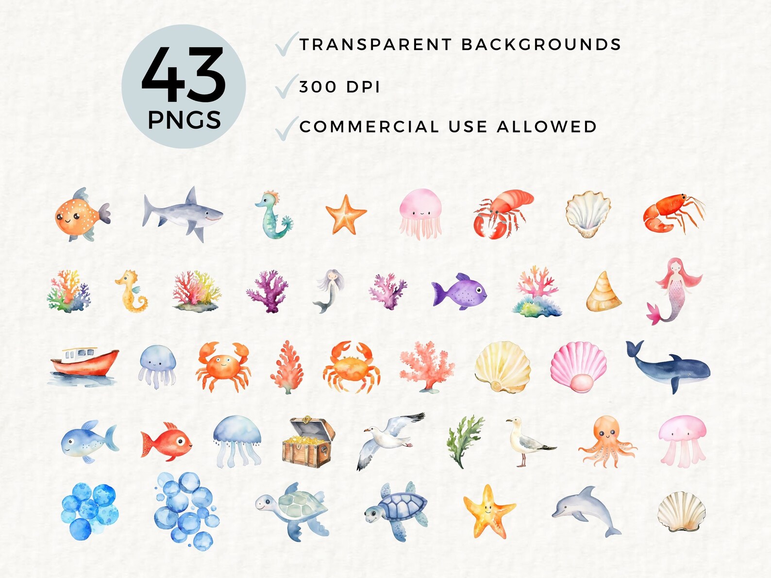 Sea Life Doodles Clipart, Under the Sea PNG, Cute Sea Shell, Watercolor ...