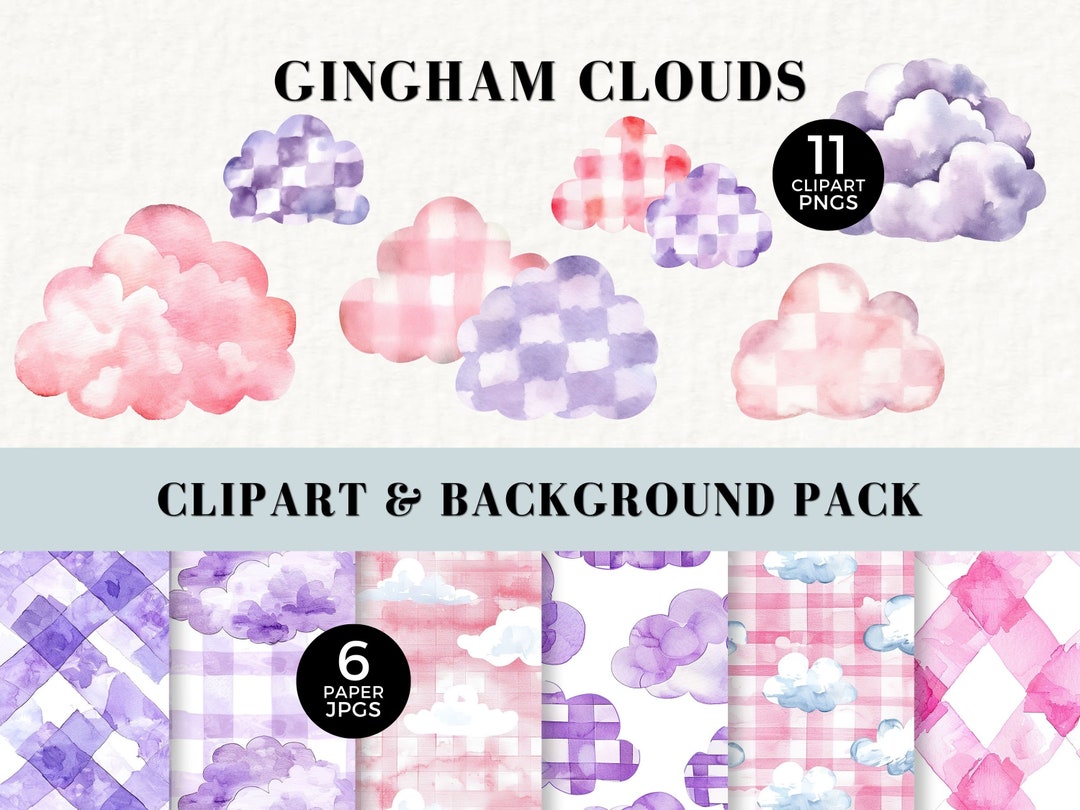 Pink Cloud 9 Baby Shower Clipart, Gingham DIGITAL Paper, Commercial Use ...