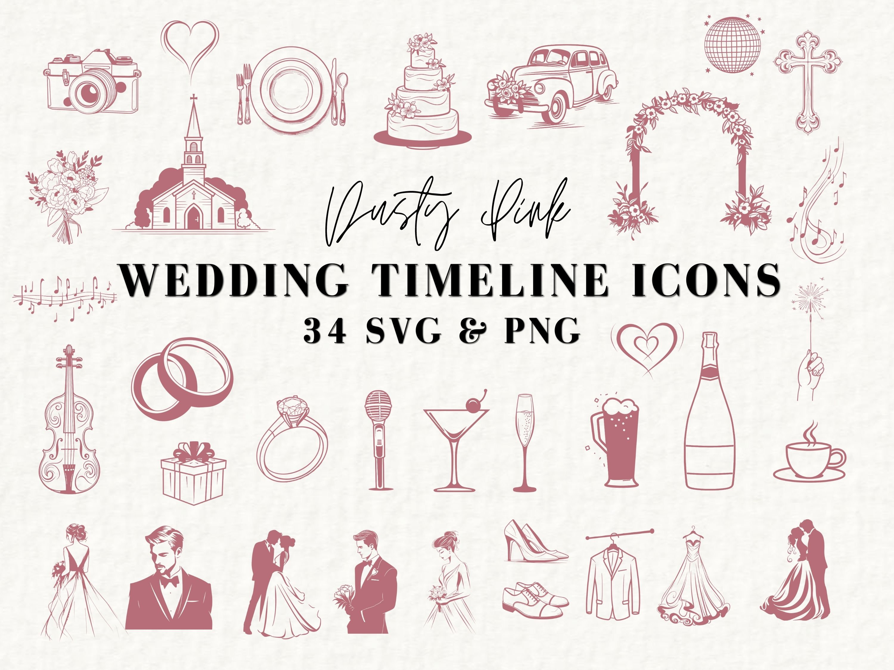 Wedding Timeline Icons, Rose Gold, Marriage Icon Pack, Pink Wedding ...