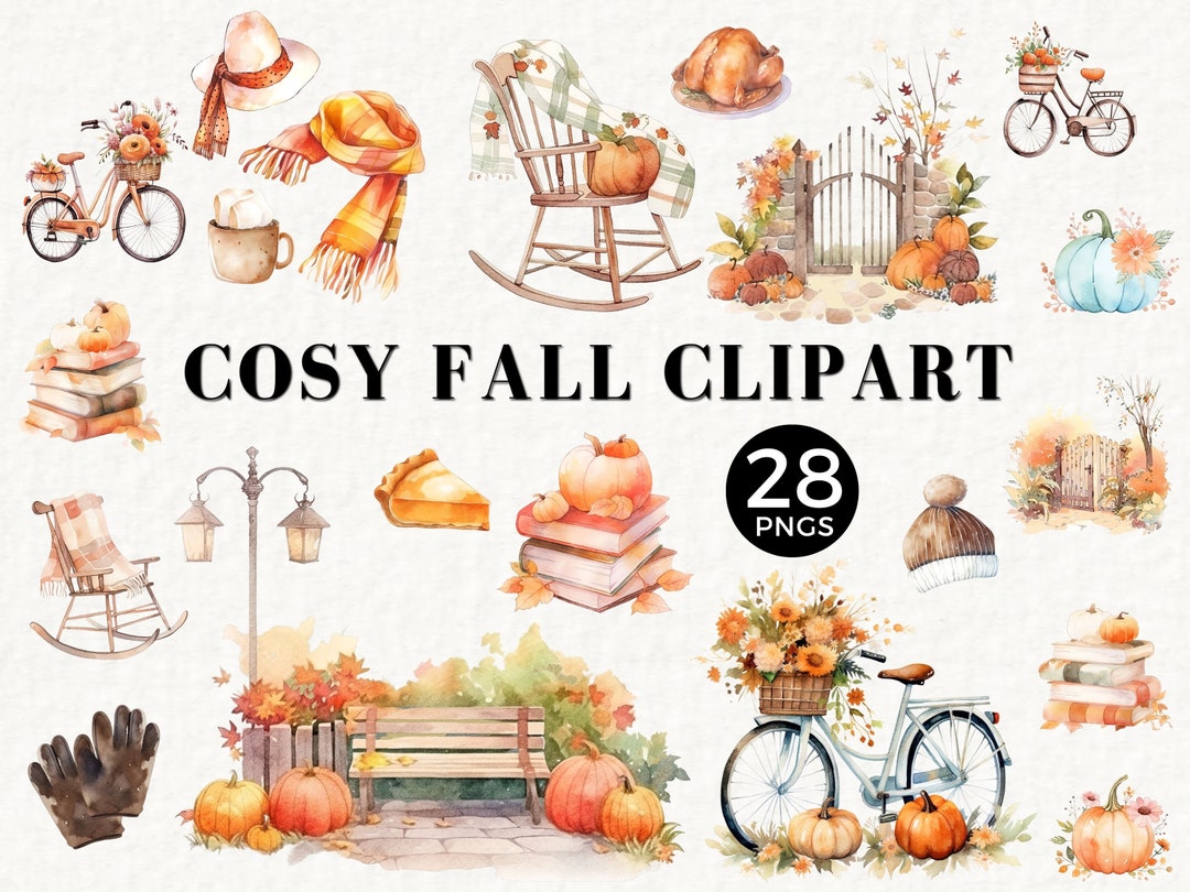 Cozy Fall Clipart, Commercial Use, Pumpkin Clipart, Watercolor Autumn ...