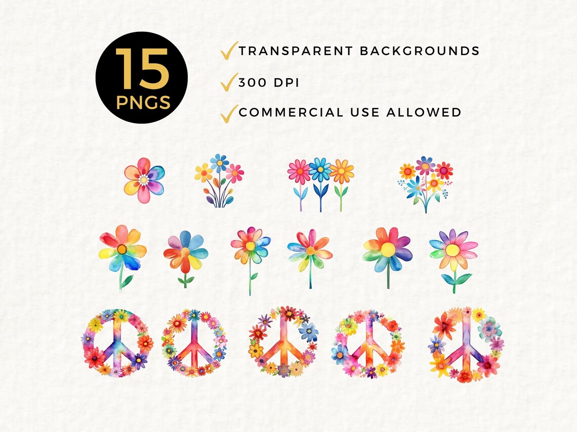 Retro Flower Clipart, 15 Groovy Vibes Pngs, Daisy Clipart, Peace Sign ...