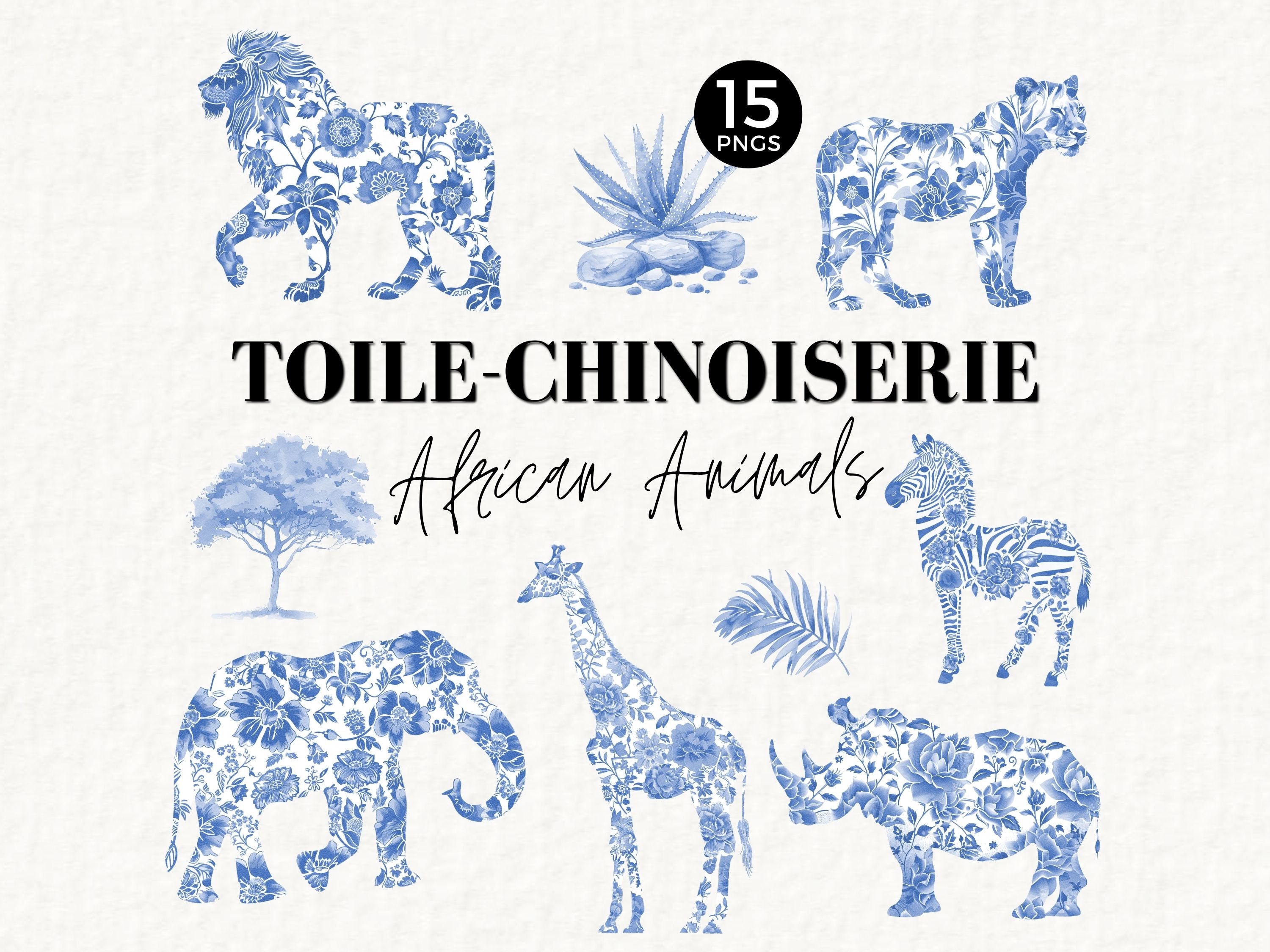 Blue Safari Toile Clipart, Toile De Jouy PNG, Chinoiserie Jungle ...