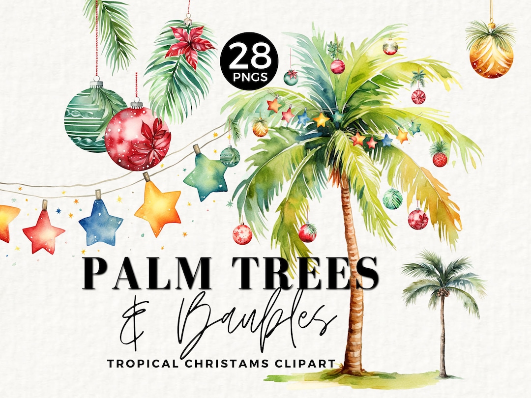 Beach Christmas Clipart, Tropical Xmas PNG, Palm Tree Watercolor ...