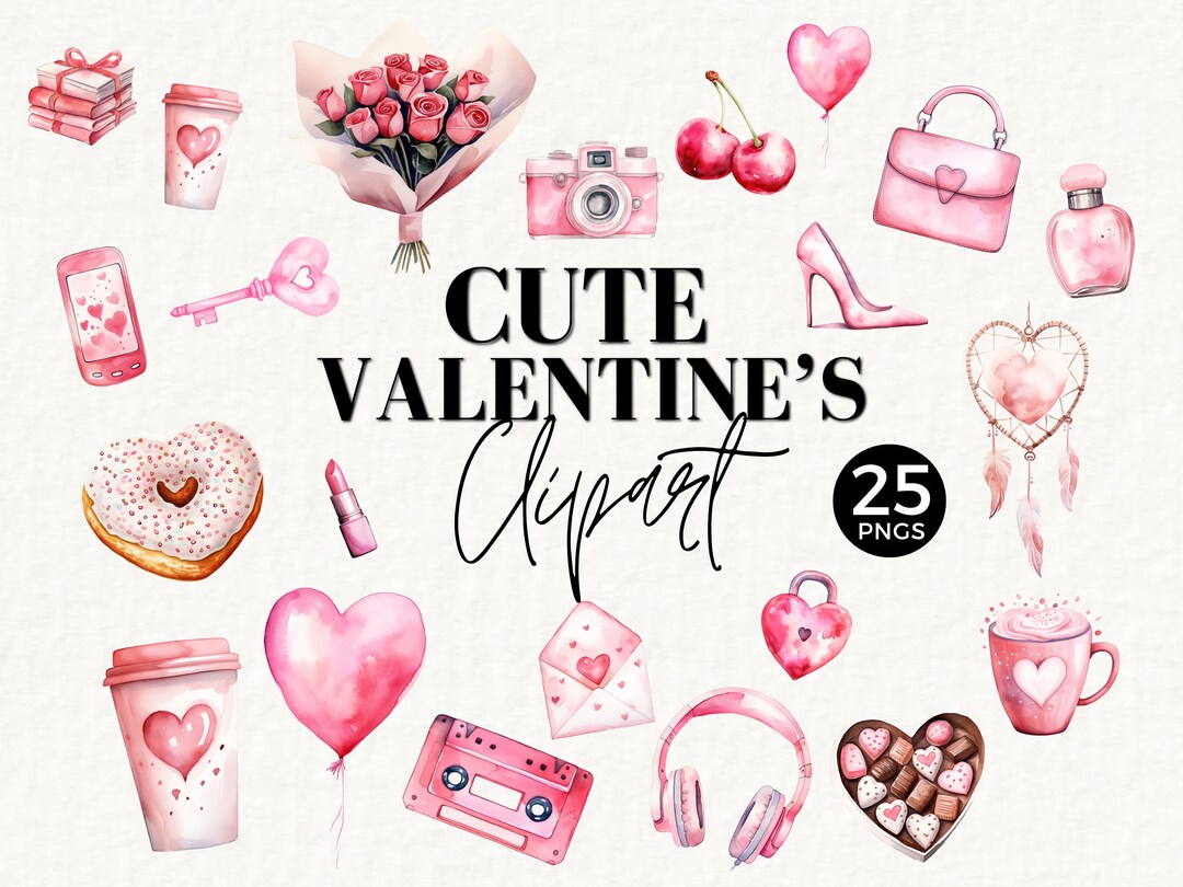 Sweet Valentines Day Clipart, Retro Vintage, Cute Pink Icons ...