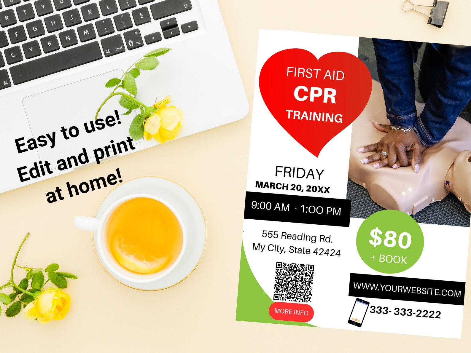 First Aid CPR AED Training Curved Heart Flyer Marketing for CPR ...