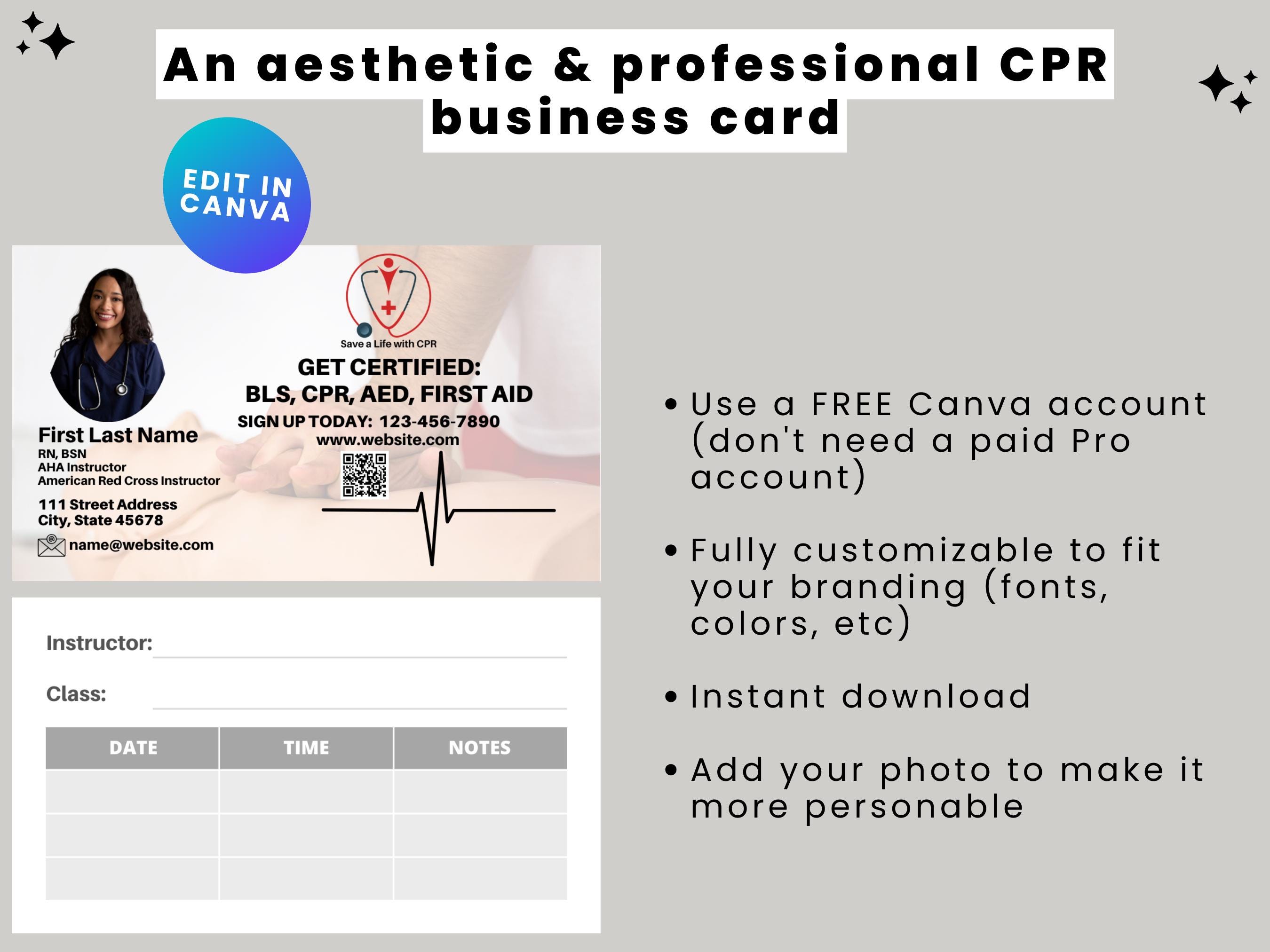 CPR Instructor Business Card Template, BLS Training (canva, Instant ...