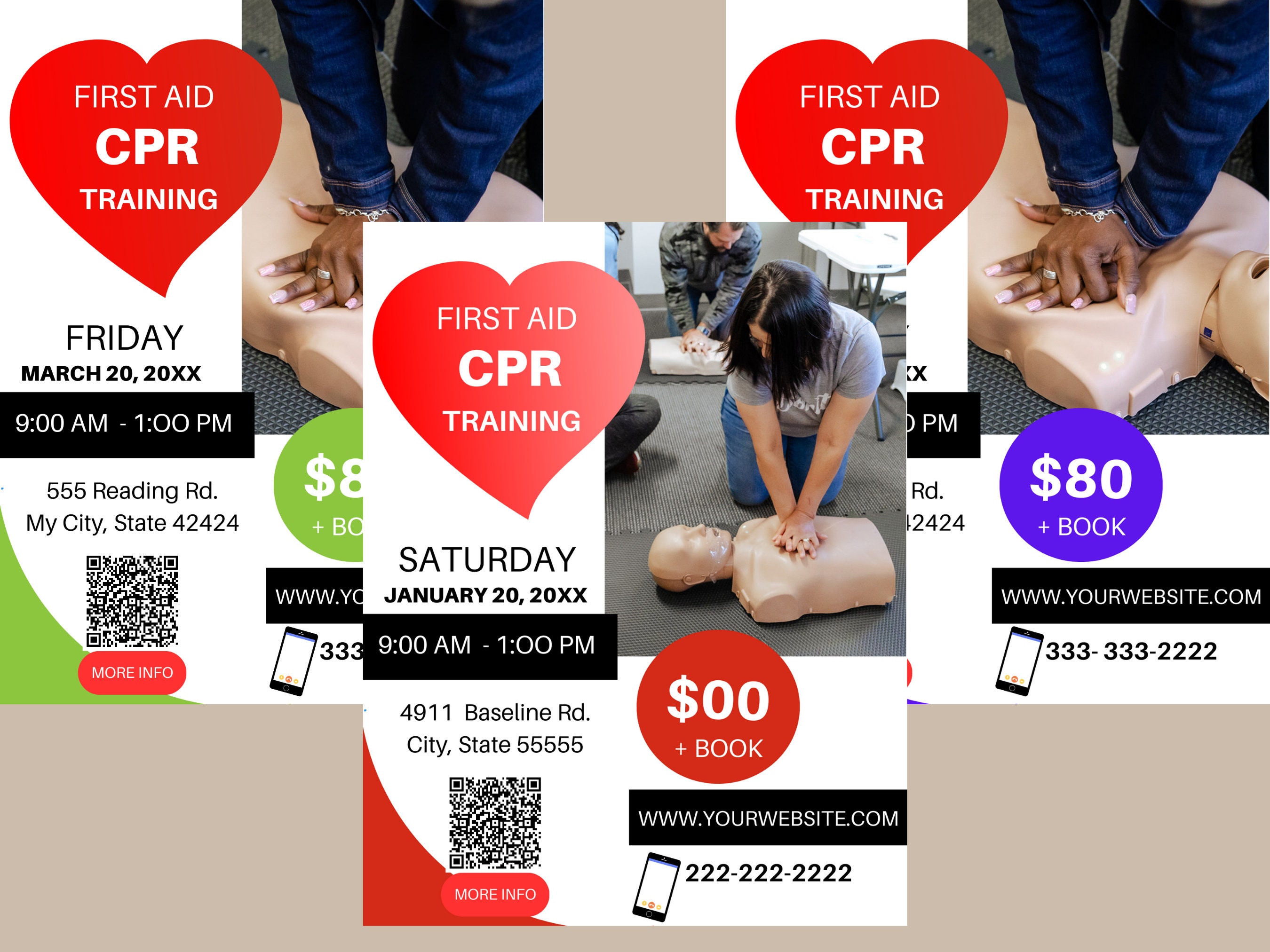 First Aid CPR AED Training Curved Heart Flyer Marketing for CPR Business in Canva Instant ...