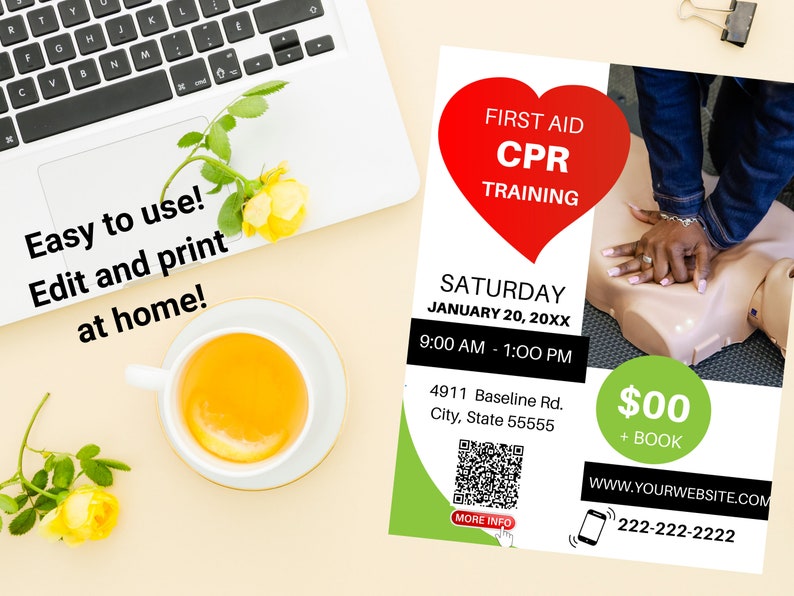 First Aid CPR AED Training Curved Heart Flyer Marketing for CPR Business in Canva Instant ...