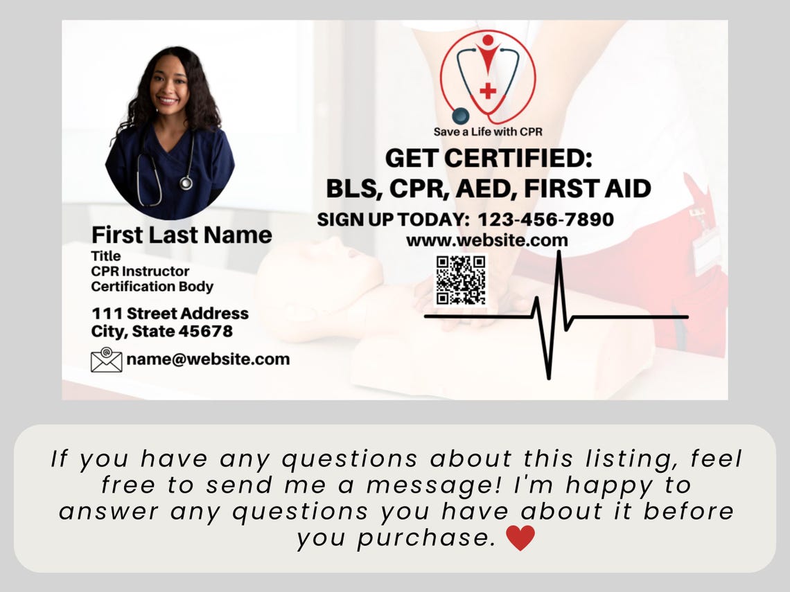 CPR Instructor Business Card Template, BLS Training (canva, Instant ...