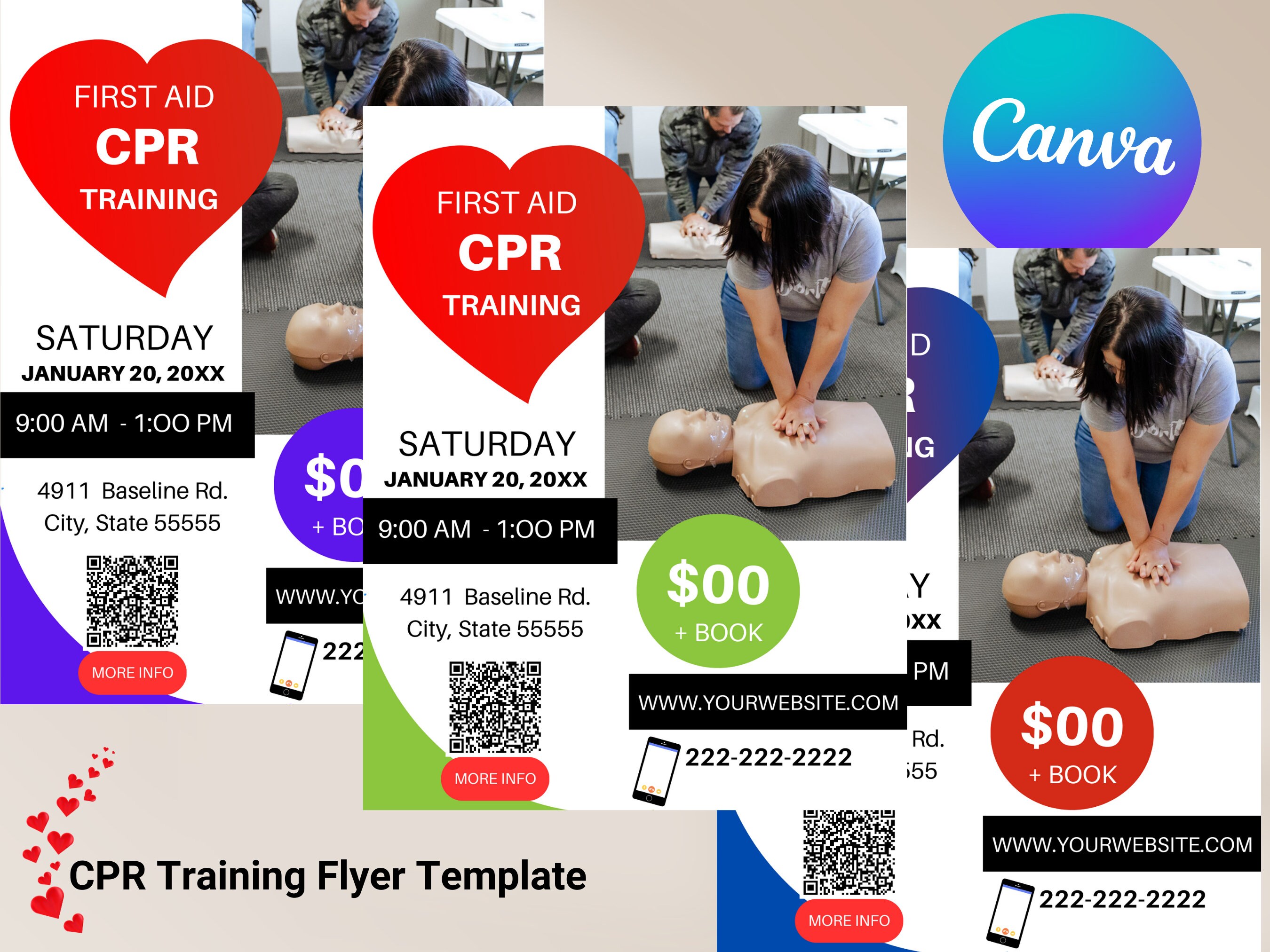 First Aid CPR AED Training Curved Heart Flyer Marketing for CPR ...