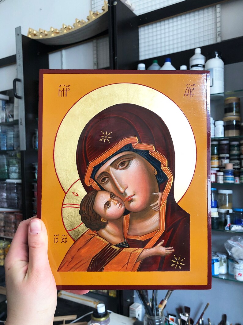 Mother of God Sweet Kiss Hand Painted 24k Gold Orthodox Icon, Virgin ...