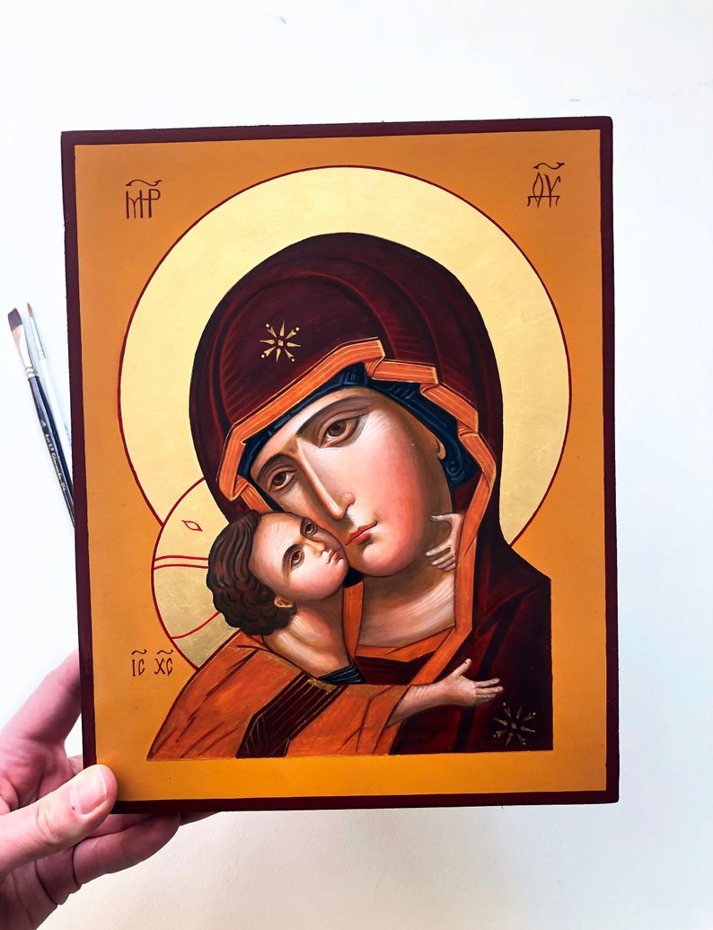Mother of God Sweet Kiss Hand Painted 24k Gold Orthodox Icon, Virgin ...