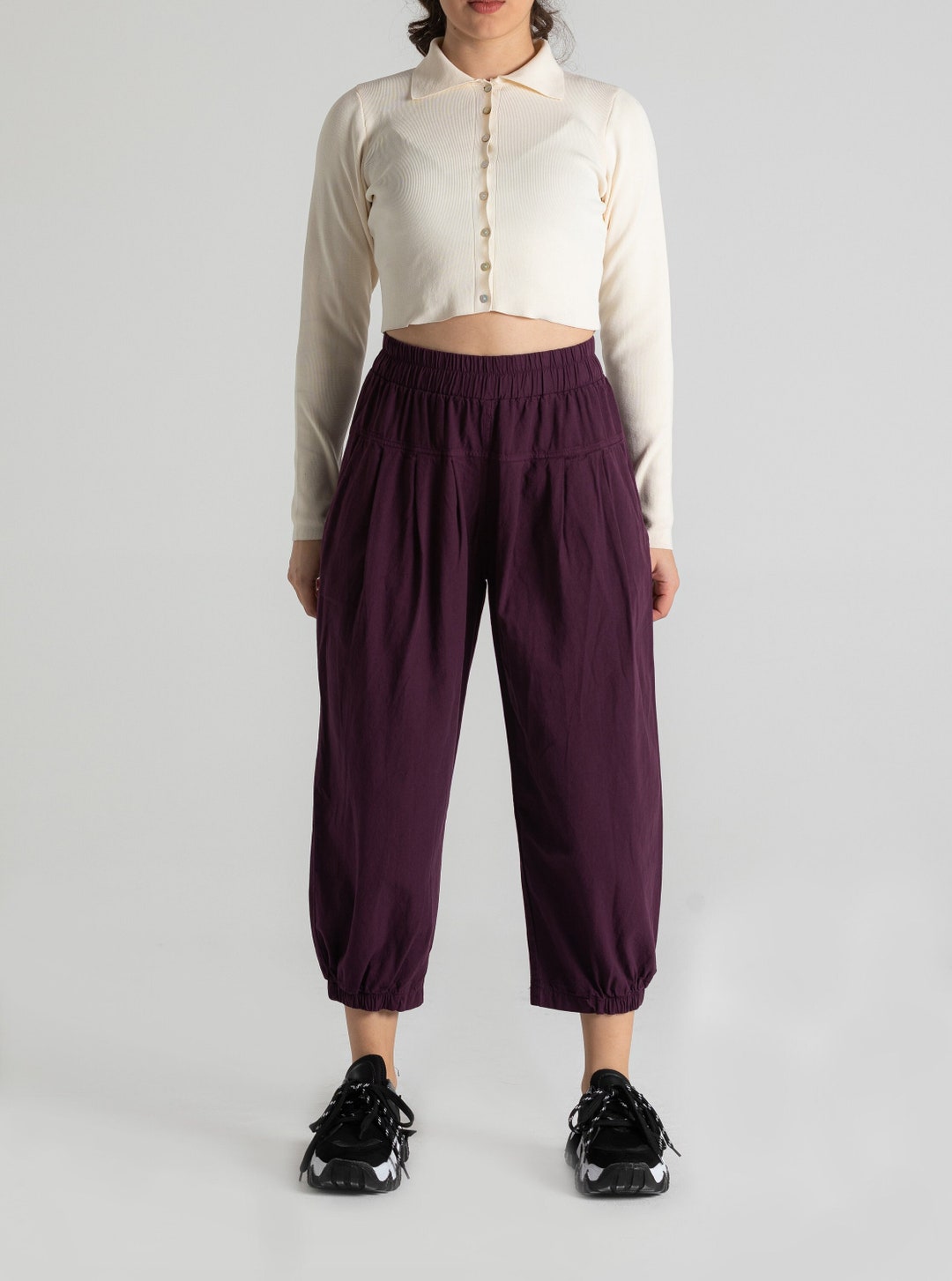 Purple Comfortable Fit Pleated Waist Elastic Waist 100% Organic Cotton ...