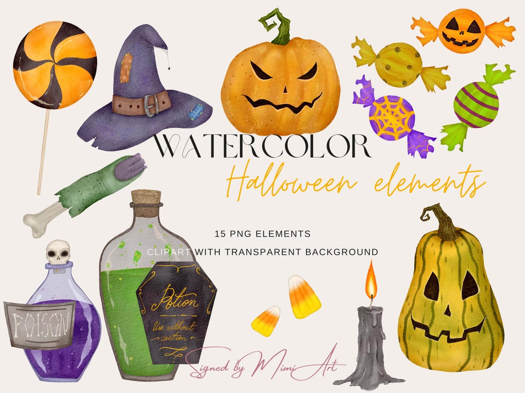 Watercolor Halloween Clipart | Spooky Pumpkin, Witch Hat (digital ...