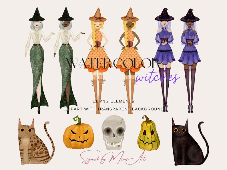 Halloween Witch Watercolor Clipart | Cat Clip Art, Pumpkin, Witch ...