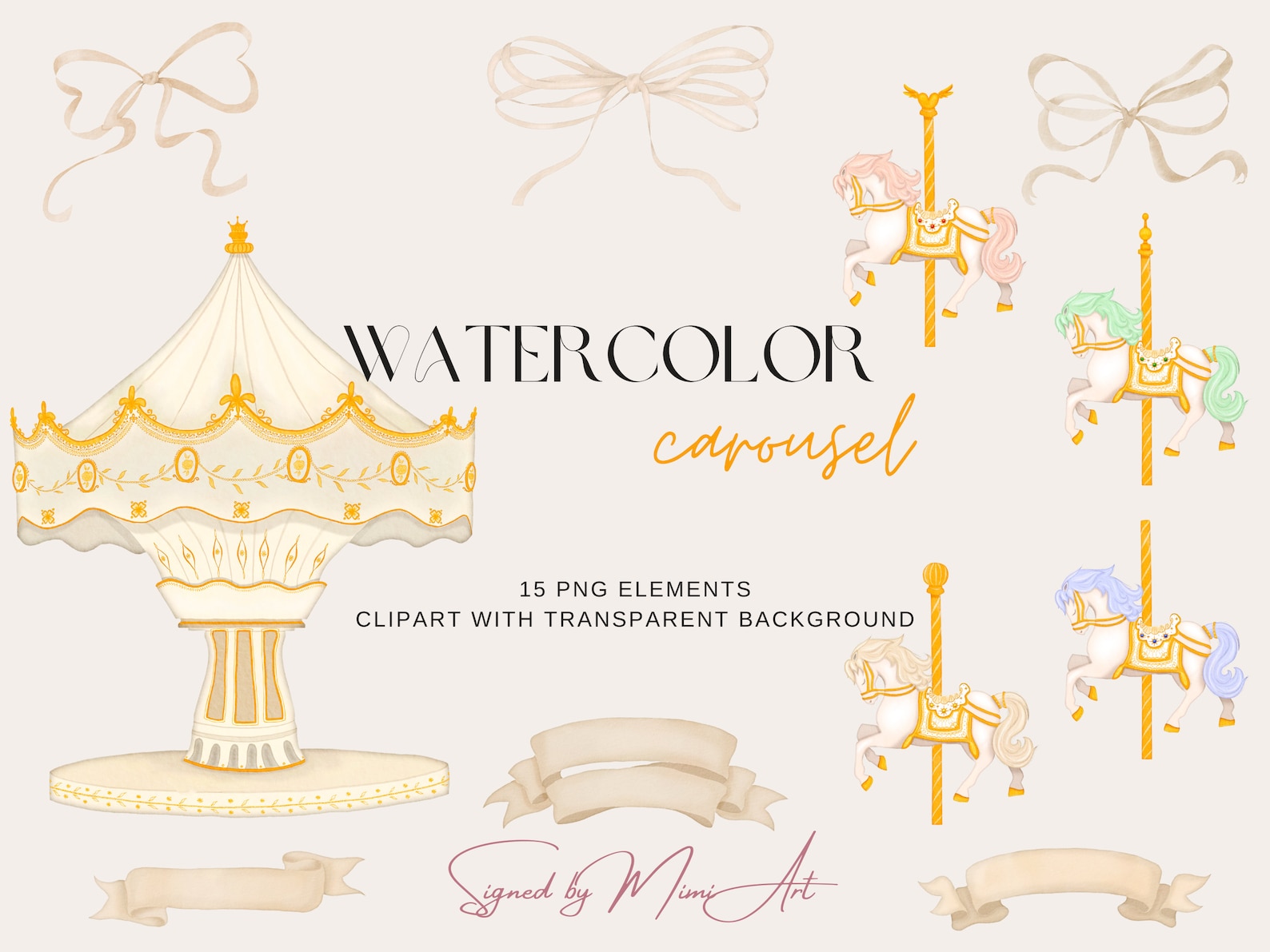 Carousel Watercolor Clipart | Carousel Horse Clipart, Pony Nursery Art ...