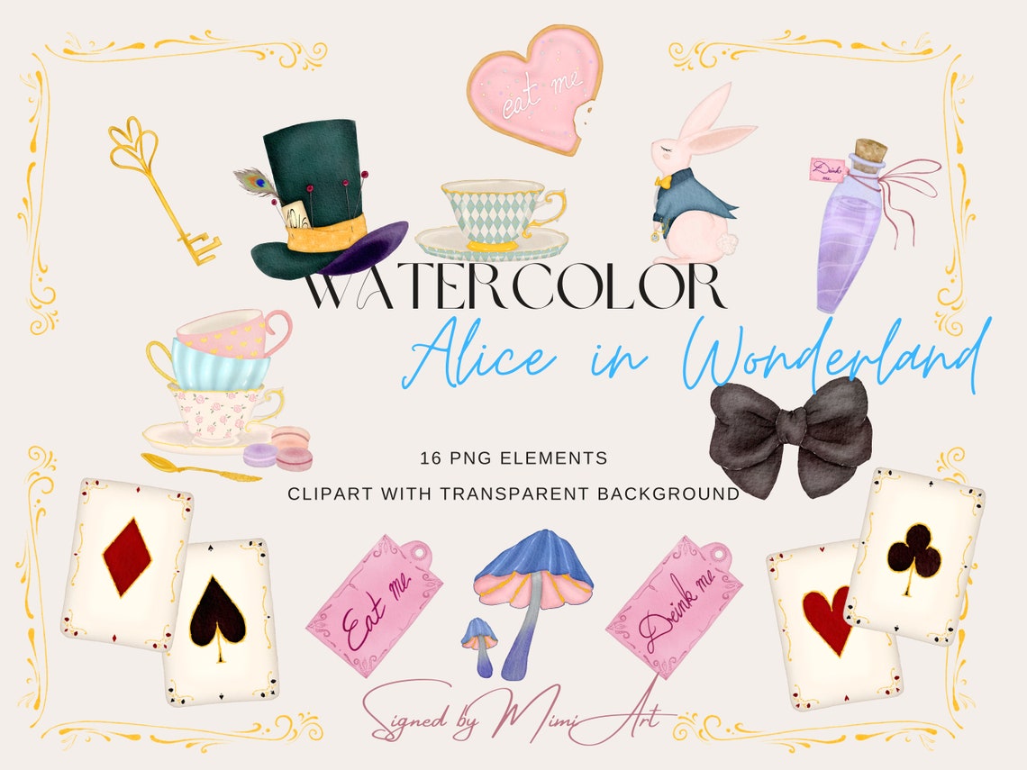 Alice in Wonderland Watercolor Clipart | Tea Party PNG (digital ...