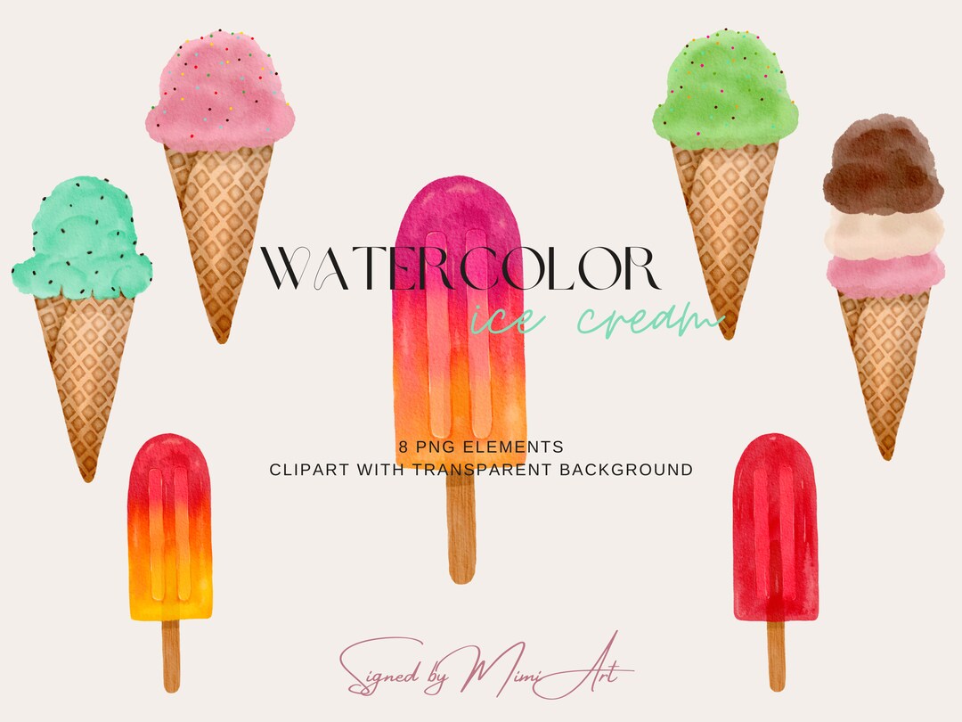 Watercolor Ice Cream Clipart | Ice Cream Cone Clipart, Summer Treat for ...