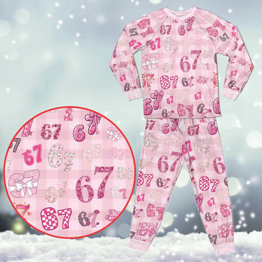 Number 67 Pajamas Set for Adults & Kids, Cute Bow and Pattern Print ...
