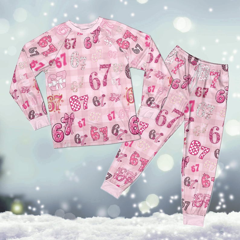 Number 67 Pajamas Set for Adults & Kids, Cute Bow and Pattern Print ...
