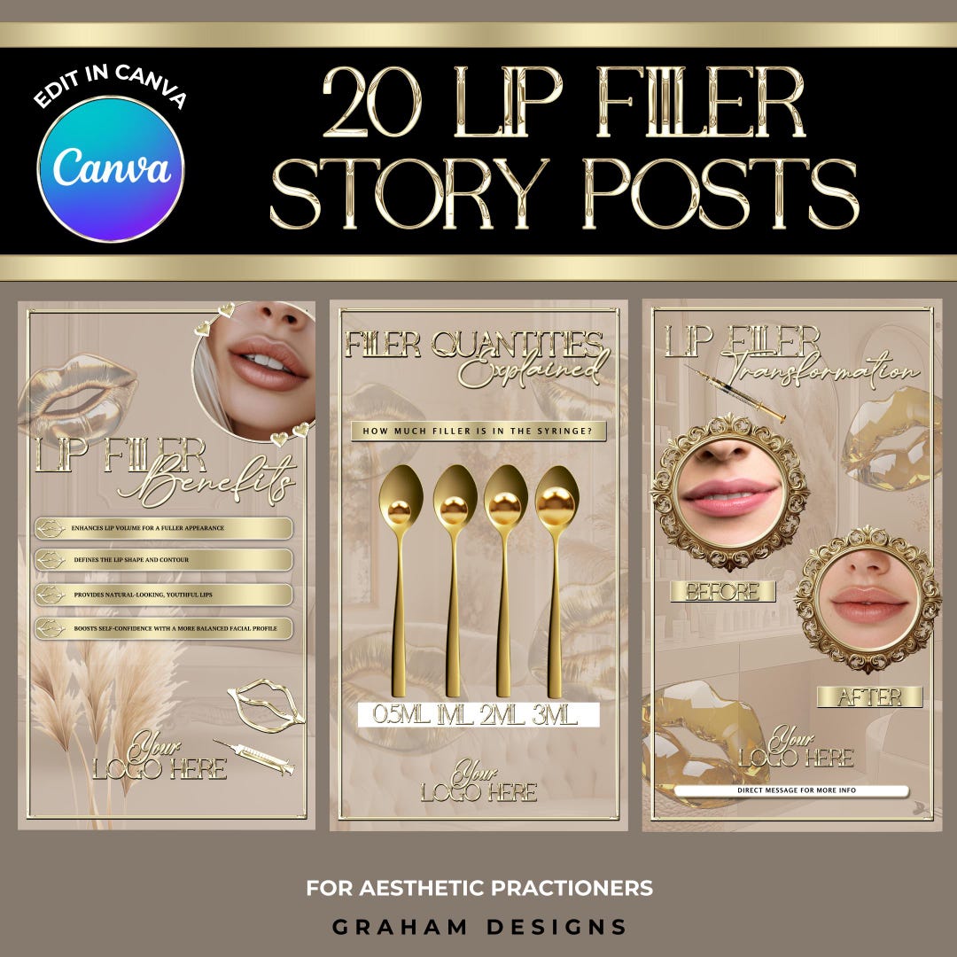 20 X Lip Filler Instagram Posts, Beige and Gold, for IG Story & Reel ...